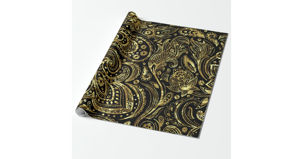 Black & Shiny Gold Vintage Paisley Pattern Wrapping Paper | Zazzle