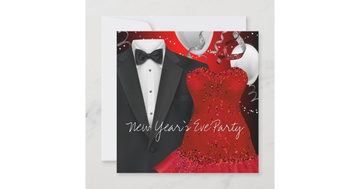 Black Tuxedo Red Dress Party Invitation Template | Zazzle