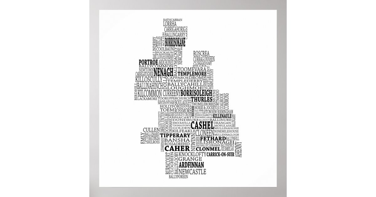 Black Typographical Map of Co. Tipperary, Ireland Poster | Zazzle