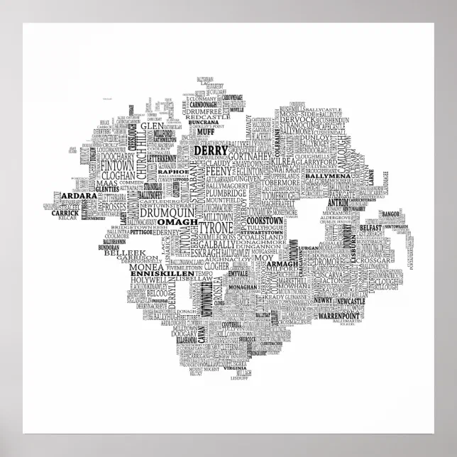 Black Typographical Map of Ulster, Ireland Poster | Zazzle