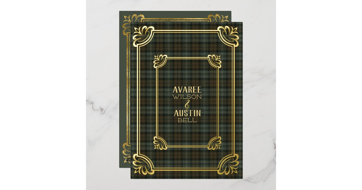 Black Watch Weathered Tartan Gold Foil Invitation | Zazzle