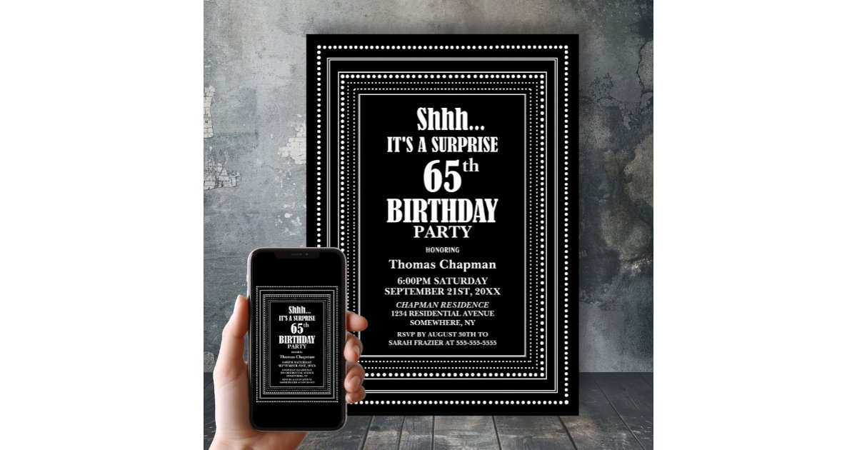 Black White Border Surprise 65th Birthday Party Invitation | Zazzle