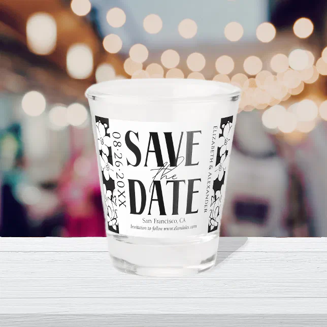 Black & White Calligraphy Wedding Save the Date Shot Glass | Zazzle