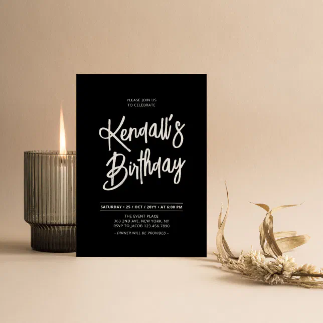 Black & White Chic Lettering Script Birthday Party Invitation | Zazzle