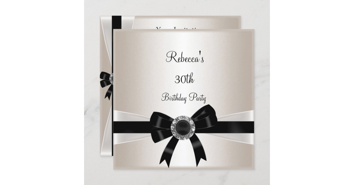 Black White Jewel Bow 30th Birthday Silver Sepia Invitation | Zazzle