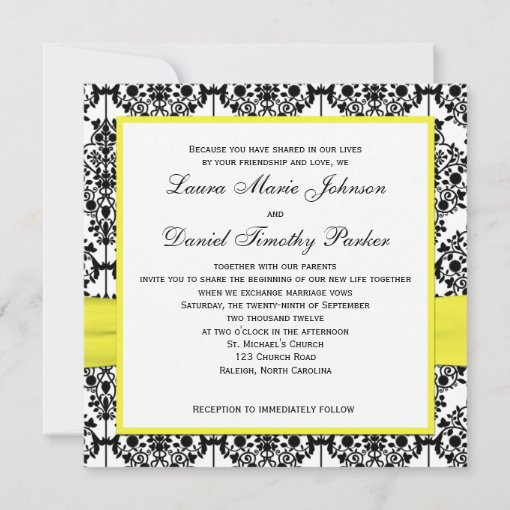 Black, White, Yellow Damask Wedding Invitation | Zazzle