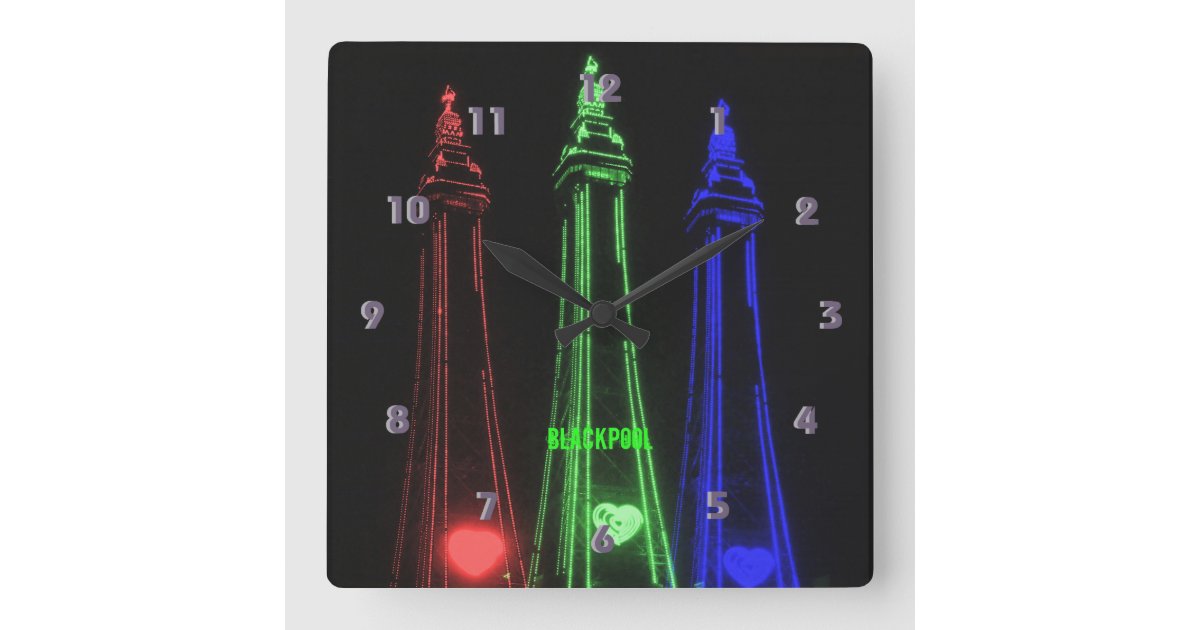 Blackpool Beautiful Tower Lights, Red, Green, Square Wall Clock | Zazzle
