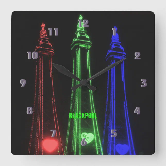 Blackpool Beautiful Tower Lights, Red, Green, Square Wall Clock | Zazzle