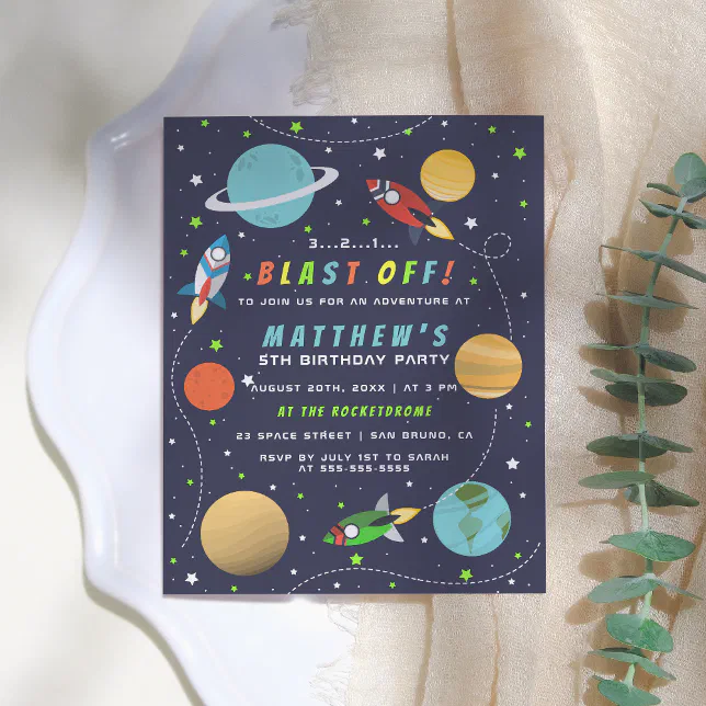 Blast Off! Outer Space Rocket Ship Birthday Party Invitation Postcard ...