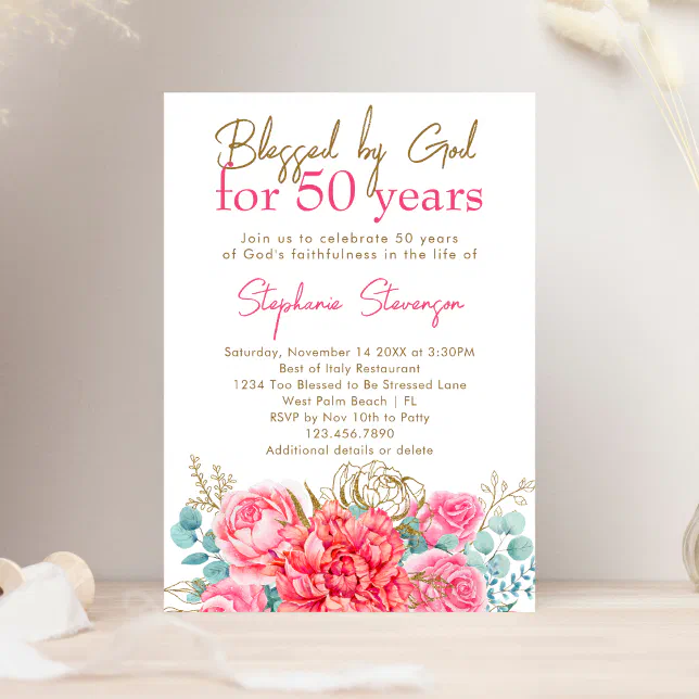 Blessed by God Pink Floral Christian 50th Birthday Invitation | Zazzle