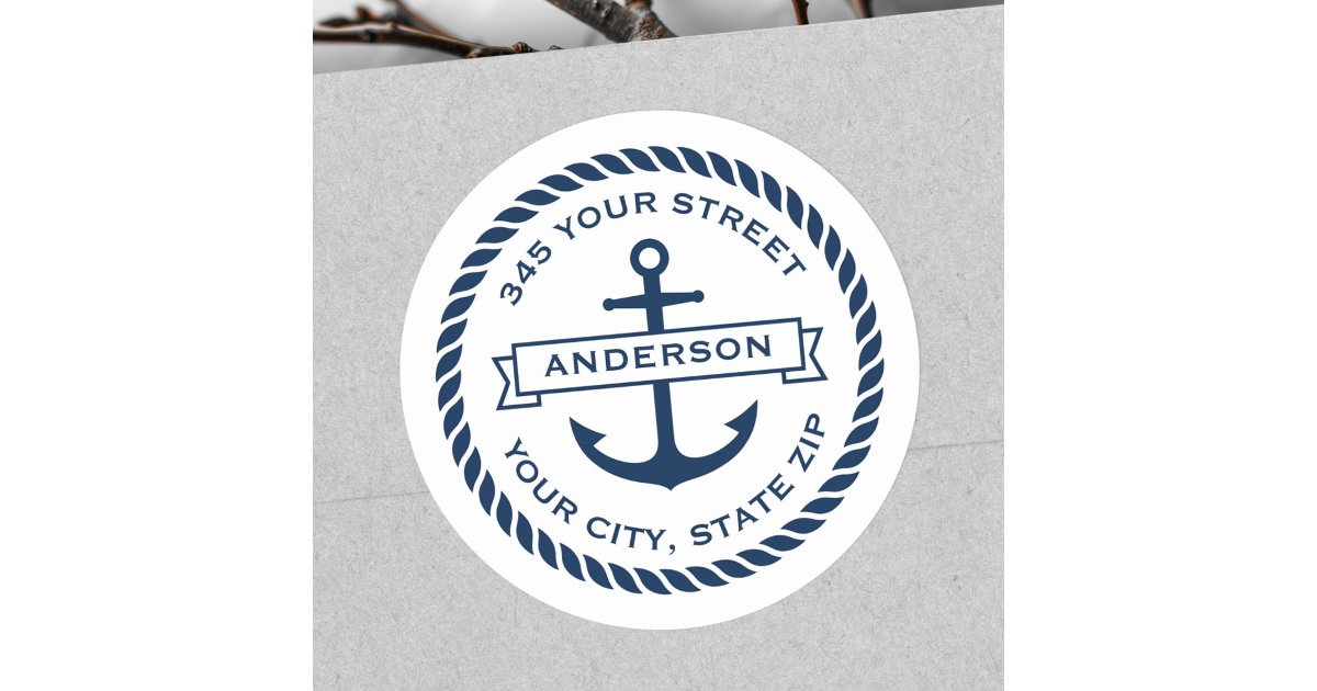 Blue anchor and banner rope border return address classic round sticker ...