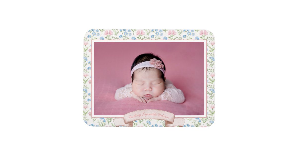 Blue and Pink Grandmillennial Flower Photo Baby Magnet | Zazzle
