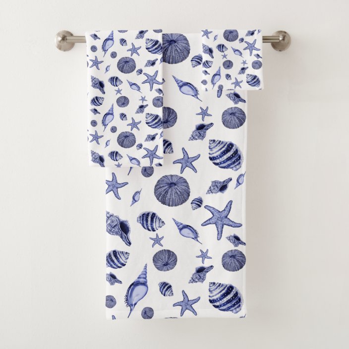 Blue and white allover seashells bath towel set | Zazzle.co.uk