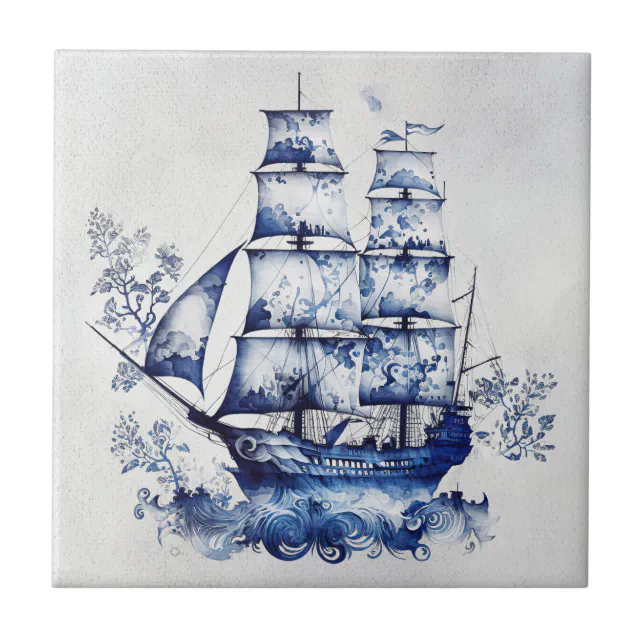 Blue and white Delft style sailing ship in the sea Tile | Zazzle