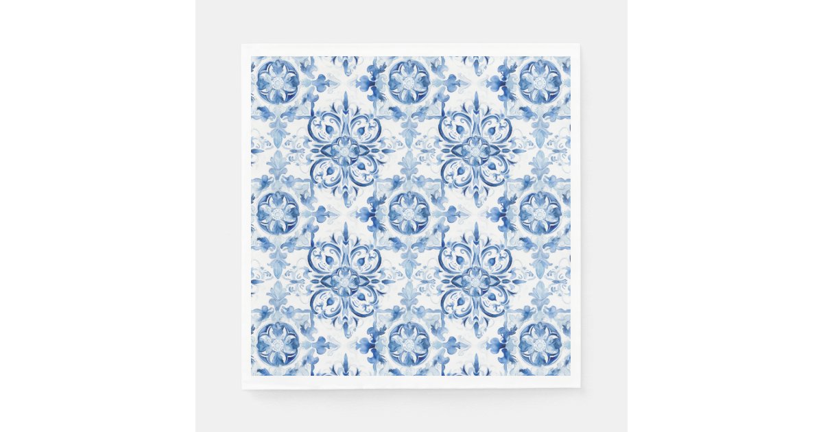 Blue and white Italian watercolor tile pattern Napkin | Zazzle