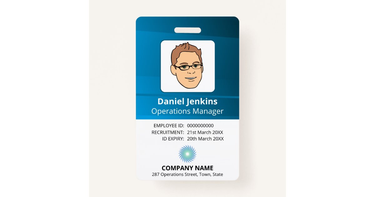 Blue And White Manager Employee ID With Logo ID Badge | Zazzle