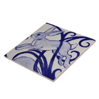 Blue and White Rabbit Ceramic Tile Art Deco 6" | Zazzle