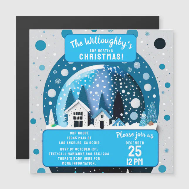 Blue and White Winter Wonderland Houses Snow Globe Magnetic Invitation ...