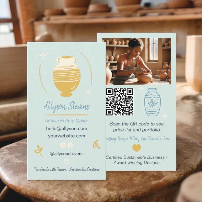 Blue Artisan Pottery Maker Crafts photo qr code Business Card | Zazzle