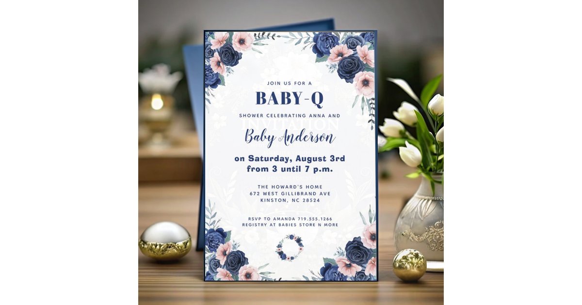 Blue Baby-Q Floral Rose Pastel BBQ Baby Shower Invitation | Zazzle