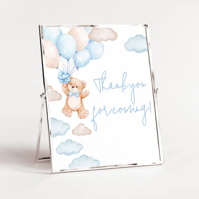 Blue Bear Balloon Baby Shower Thank you for Coming Poster | Zazzle