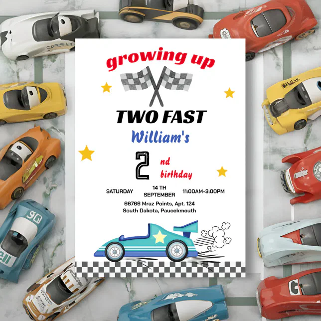 blue boy cars Race Car two fast 2nd birthday Invitation | Zazzle