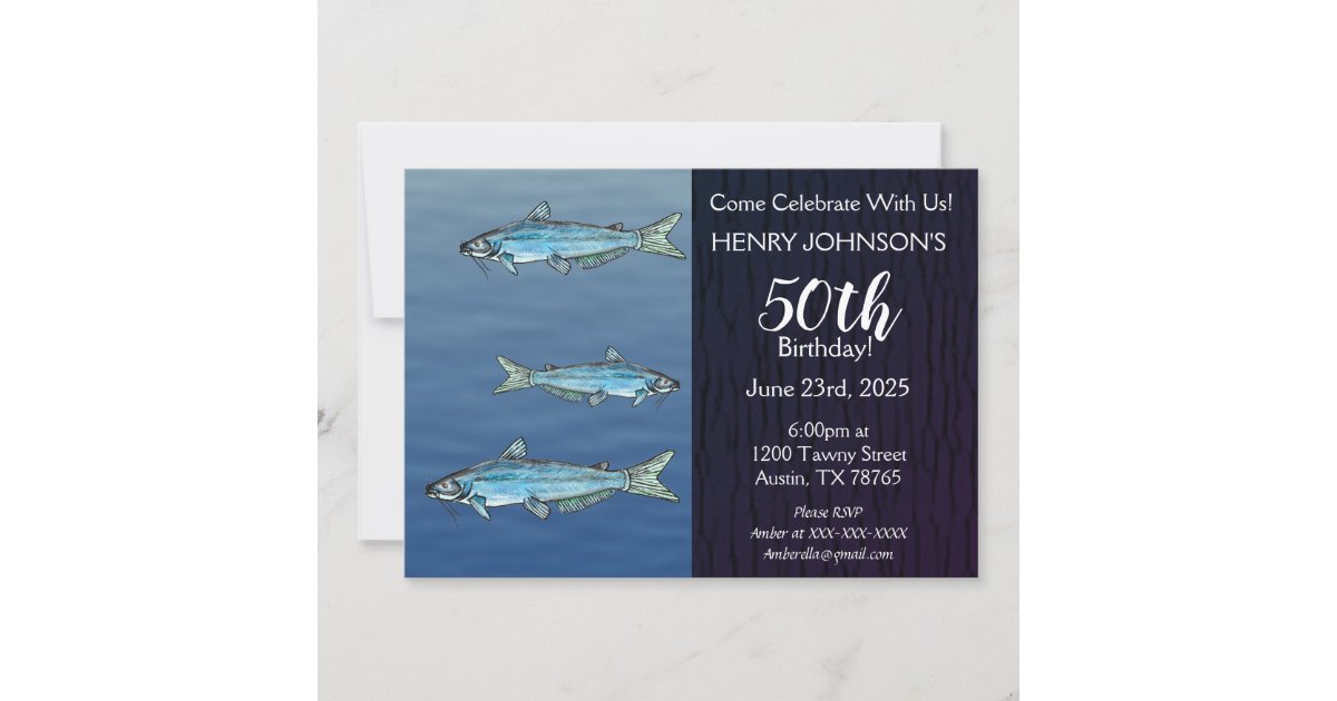 Blue Catfish Fishing Themed Birthday Invitation | Zazzle