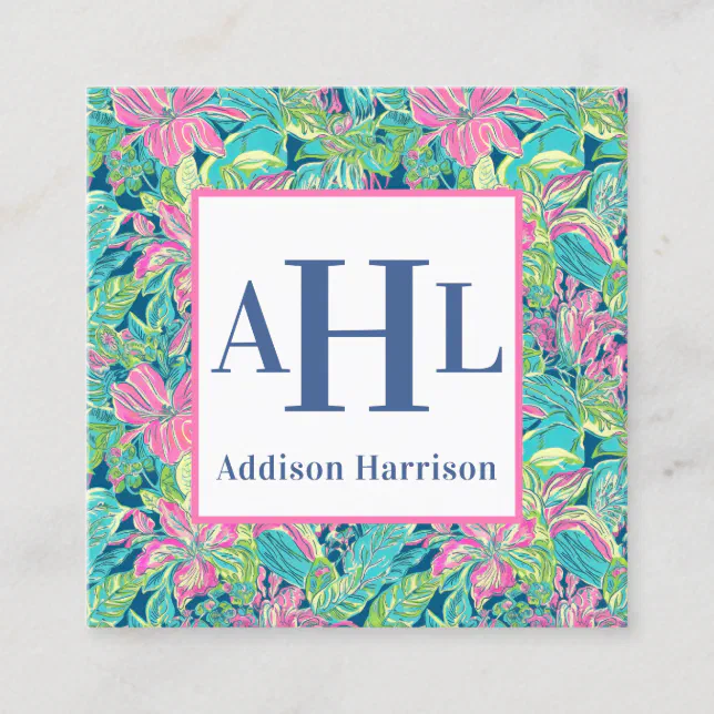 Blue Chinoiserie calling card, Monogram Enclosure Square Business Card ...