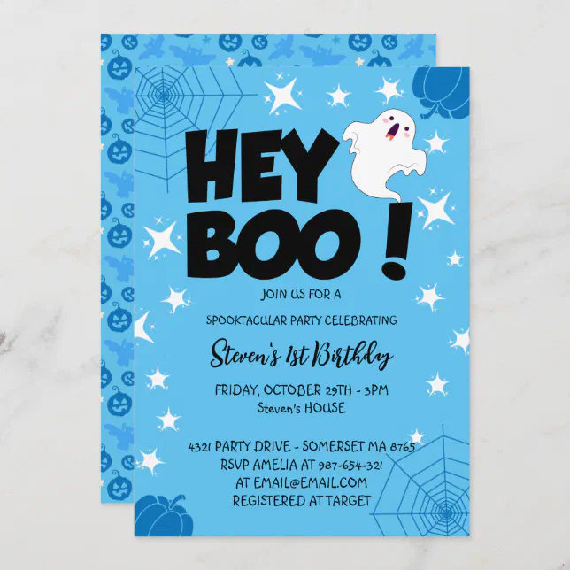 Blue Custom Halloween 1st Birthday party, Hey Boo Invitation | Zazzle
