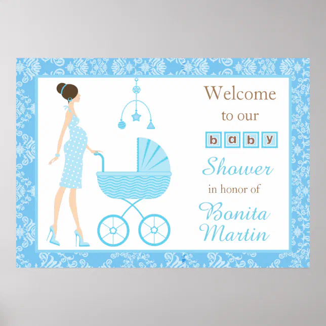 Blue Damask Brunette Boy Baby Shower Poster | Zazzle