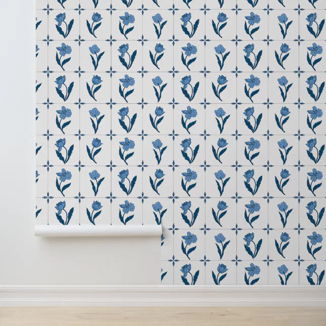 Blue Delft Floral Tile Pattern Wallpaper | Zazzle