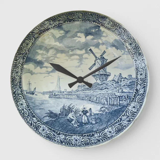 Blue Delft Windmill Dutch Plate Large Clock | Zazzle