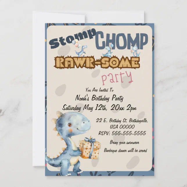 Blue Dinosaur Rawr Birthday Party Invitation | Zazzle