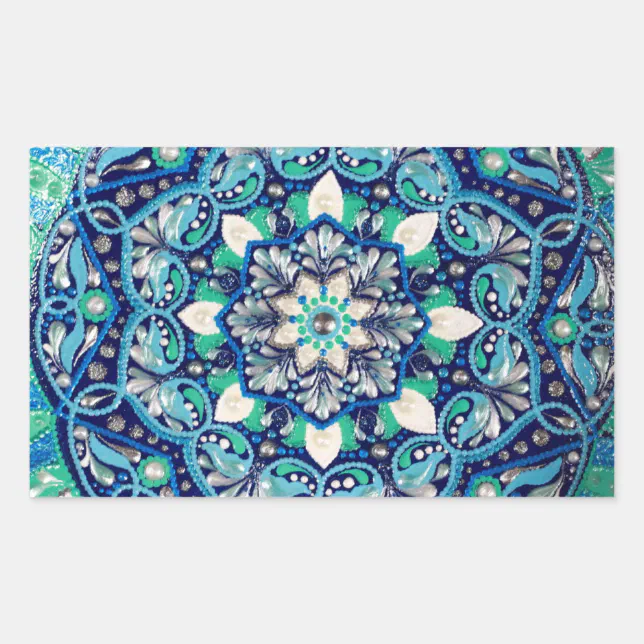Blue dot art mandala rectangular sticker | Zazzle