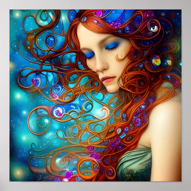 Blue Dreams Beautiful Woman Digital Art Poster | Zazzle