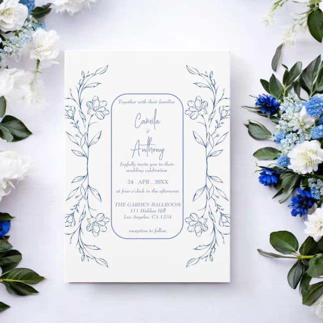 Blue Floral Boho Side Border Wedding Invitation | Zazzle