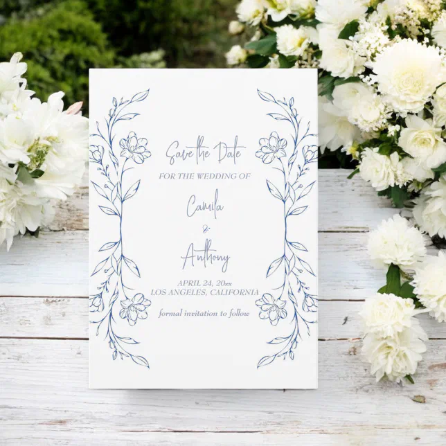 Blue Floral Boho Side Border Wedding Invitation | Zazzle