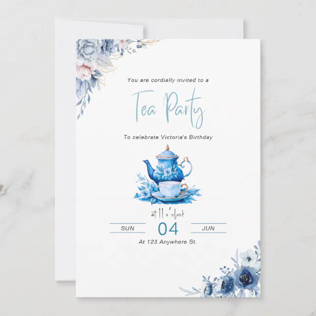Blue Floral Tea Party Birthday Invitation | Zazzle