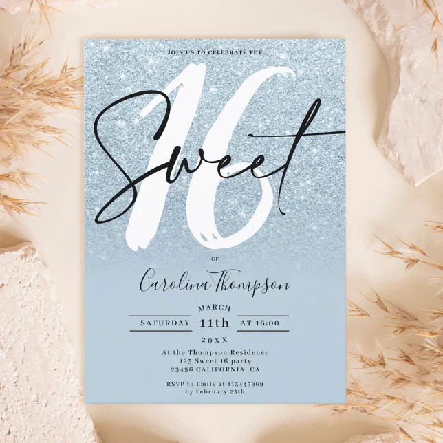 Blue glitter border script photo Sweet 16 Invitation | Zazzle