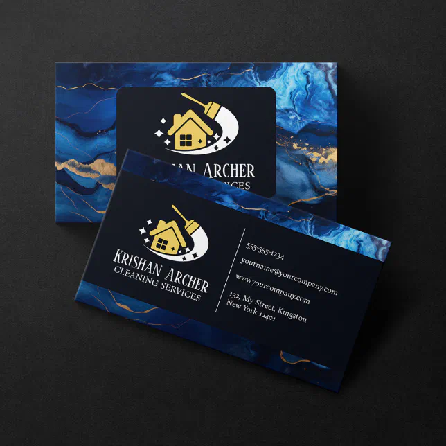 Blue Gold Black Marble House Cleaning Housekeeping Business Card | Zazzle