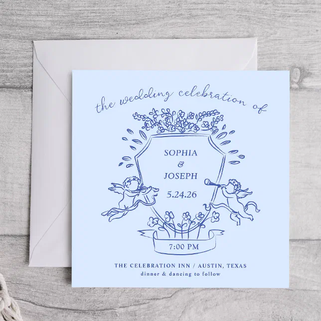 Blue Hand Drawn Crest with Cherubs | Wedding Invitation | Zazzle