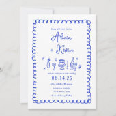 Blue Hand Drawn French Fun Wedding Invitations | Zazzle