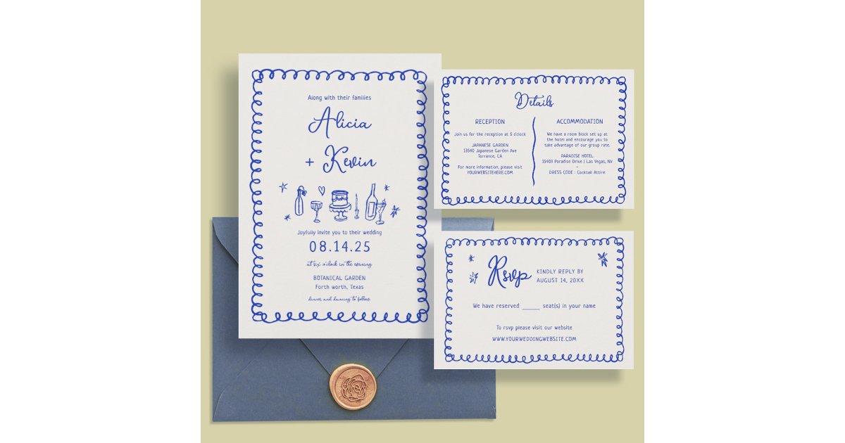 Blue Hand Drawn French Fun Wedding Invitations | Zazzle