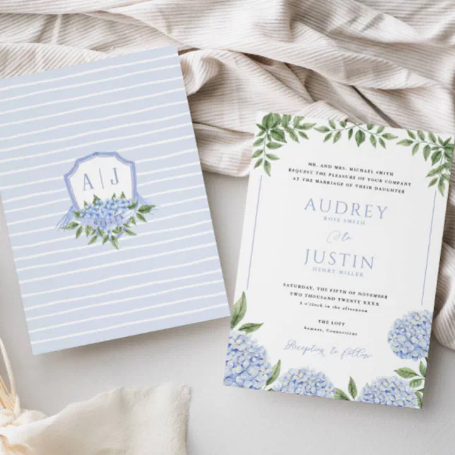 Blue Hydrangea Flowers, Personalised Crest Wedding Invitation | Zazzle