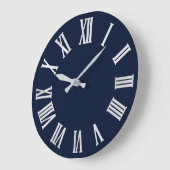 Blue Navy Nauti Grey Metallic Silver Roman Numbers Large Clock | Zazzle