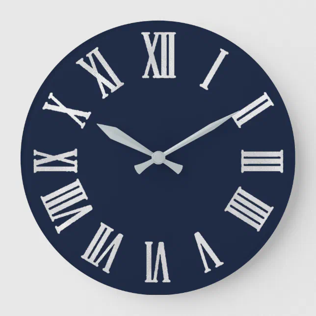 Blue Navy Nauti Grey Metallic Silver Roman Numbers Large Clock | Zazzle