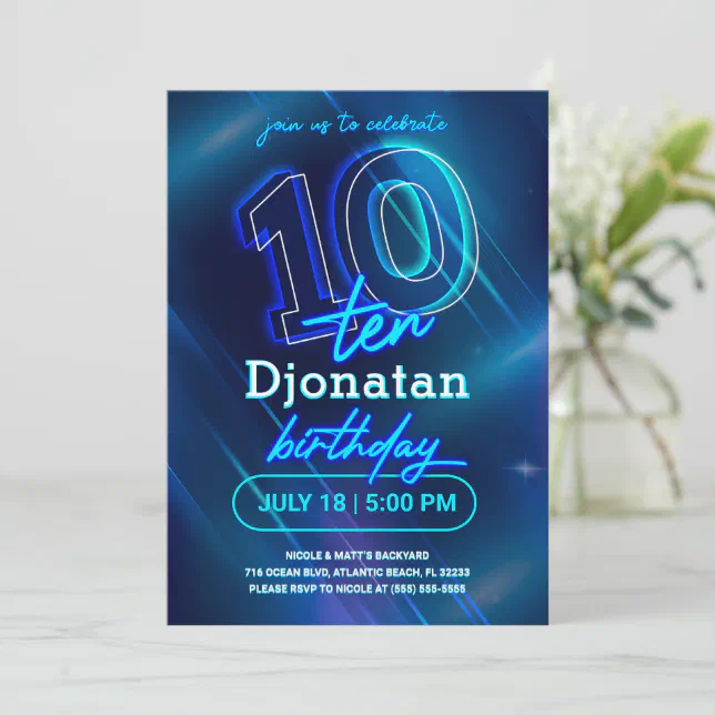 Blue Neon 10th Birthday Party Invitation Card | Zazzle
