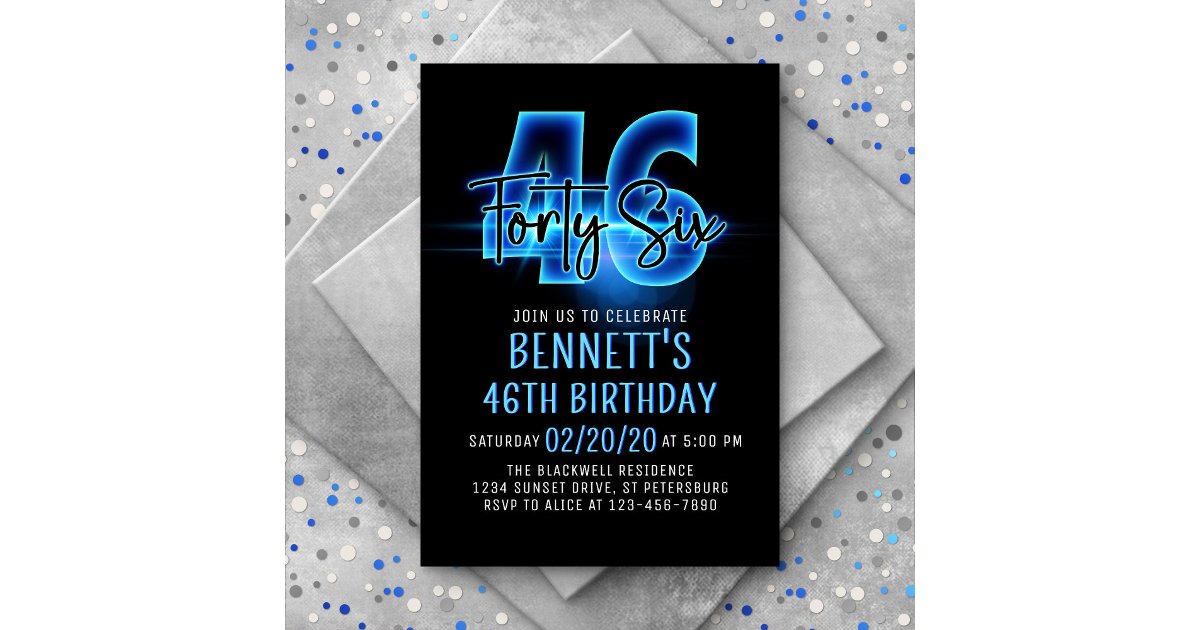 Blue Neon 46th Birthday Invitation | Zazzle