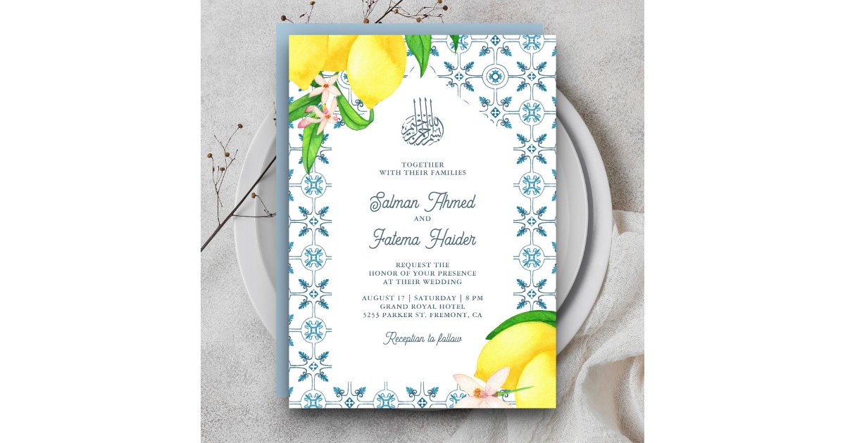 Blue Persian Mosaic Tile Lemon Islamic Wedding Invitation | Zazzle