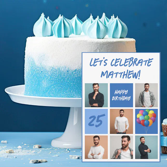 Blue Photo Collage Personalised Birthday Party Invitation | Zazzle
